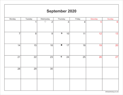 September 2020 Calendar Printable with Bank Holidays UK