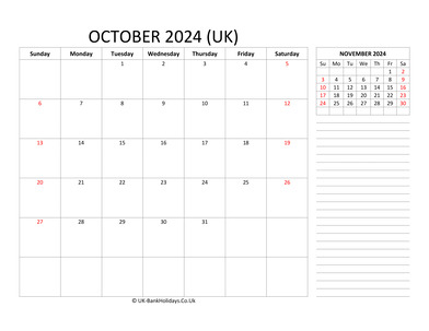 Download Left Title October Calendar 2024 Uk (Landscape Layout) weeks ...